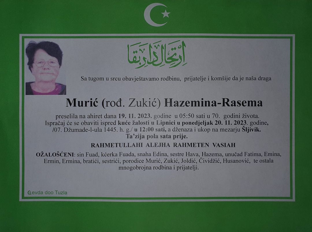 Preminula je Murić Hazemina-Rasema