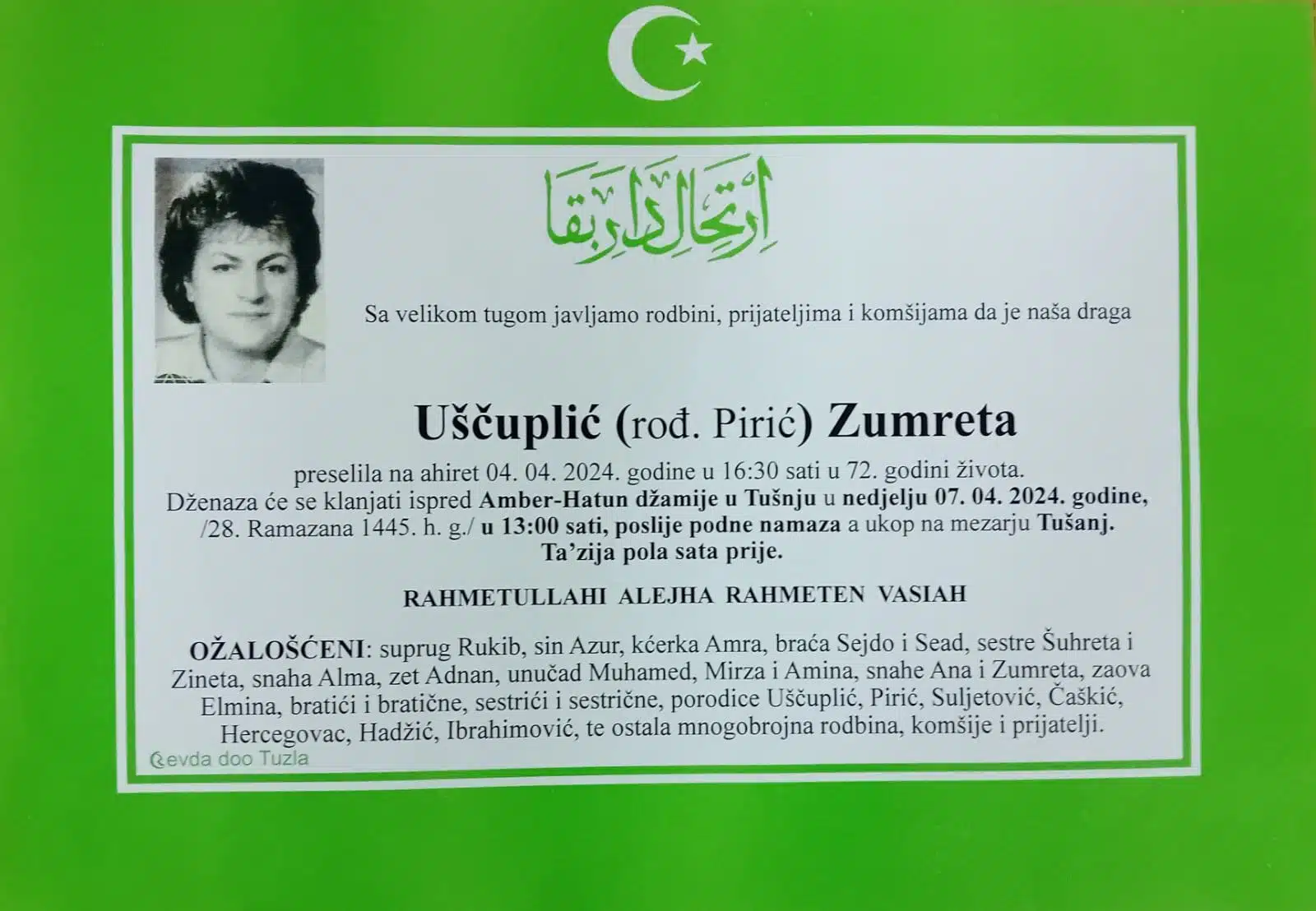 Preminula je Uščuplić Zumreta